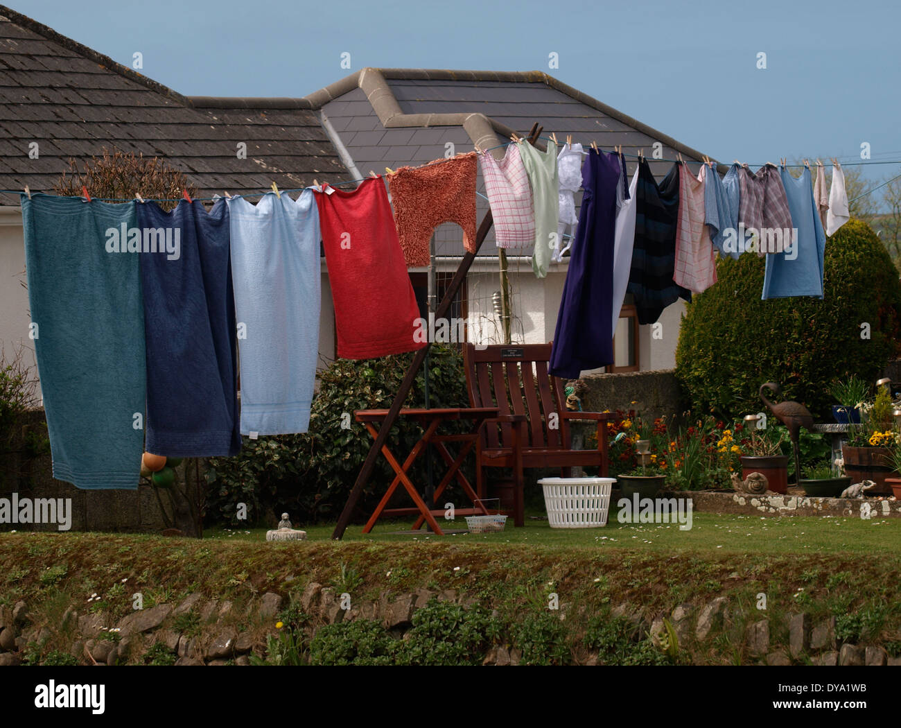 Washing line in a garden, Bude, Cornwall, UK Stock Photo - Alamy