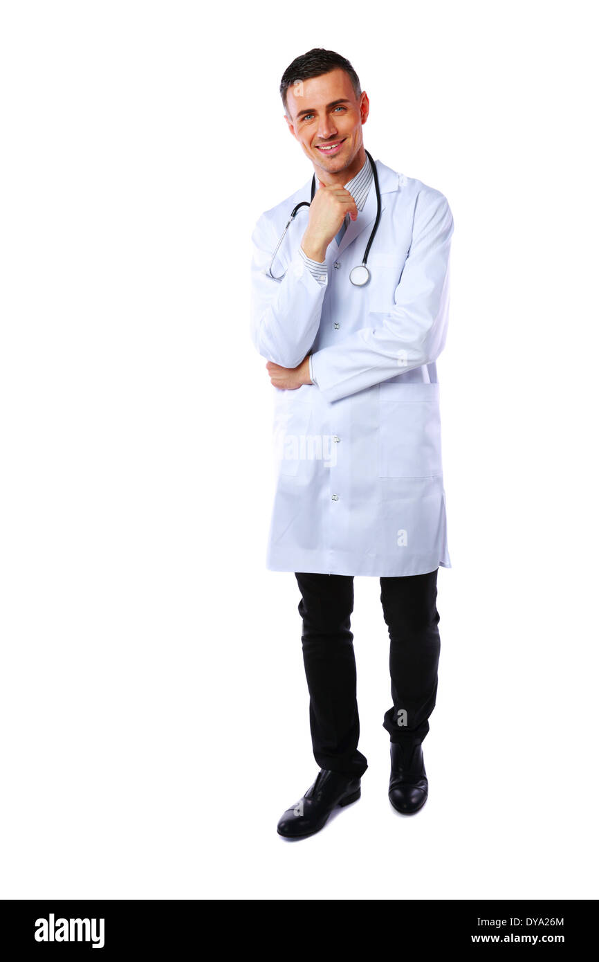 Full-length portrait of a happy male doctor standing over white ...