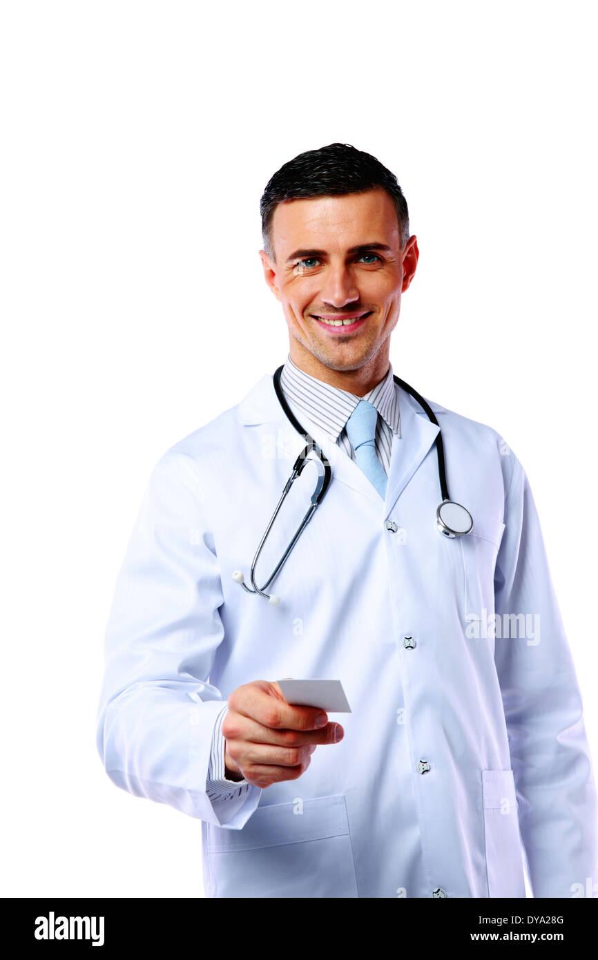 Smiling male doctor giving card over white background Stock Photo - Alamy