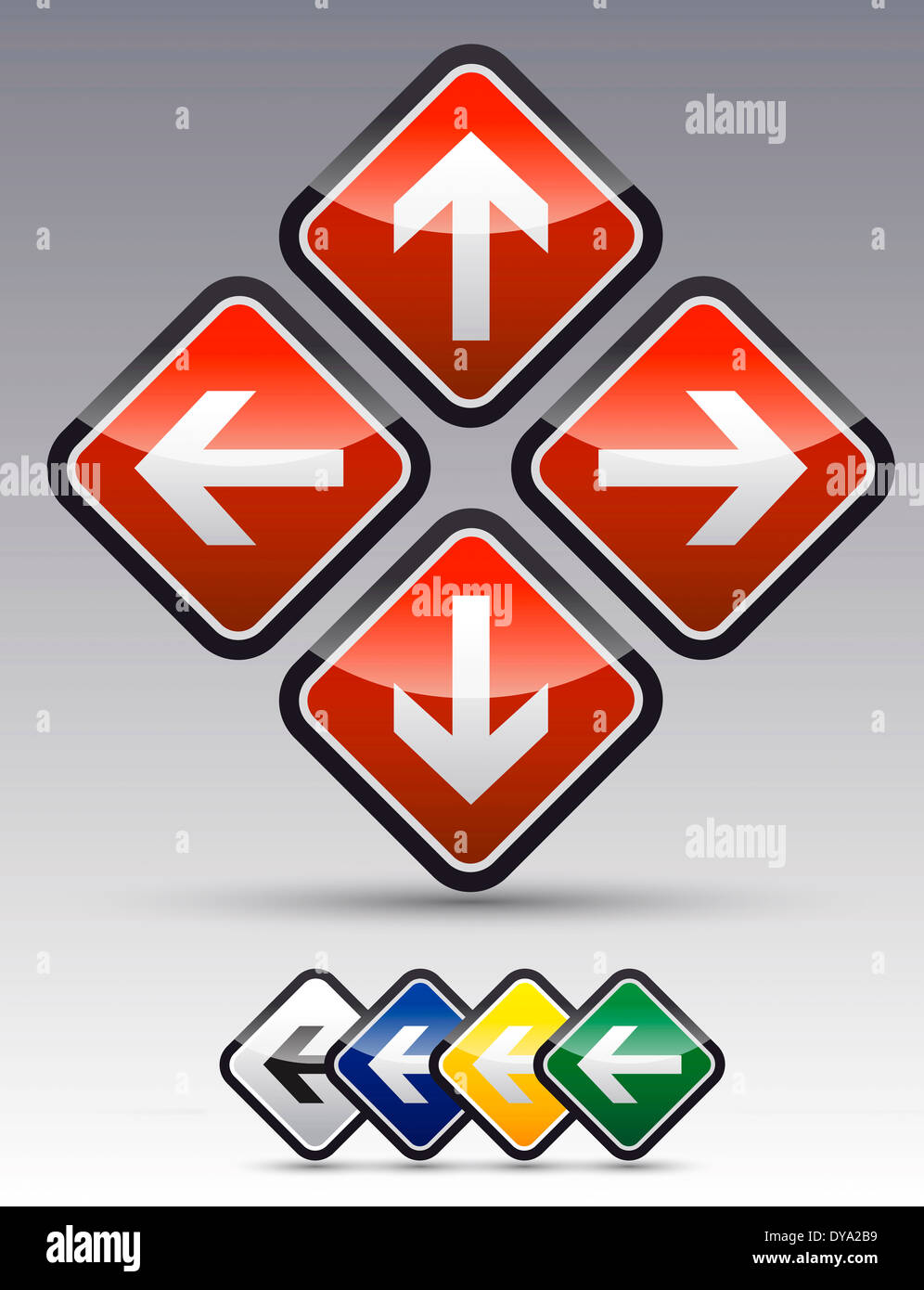 Isolated Danger arrow sign collection with black border, reflection and ...