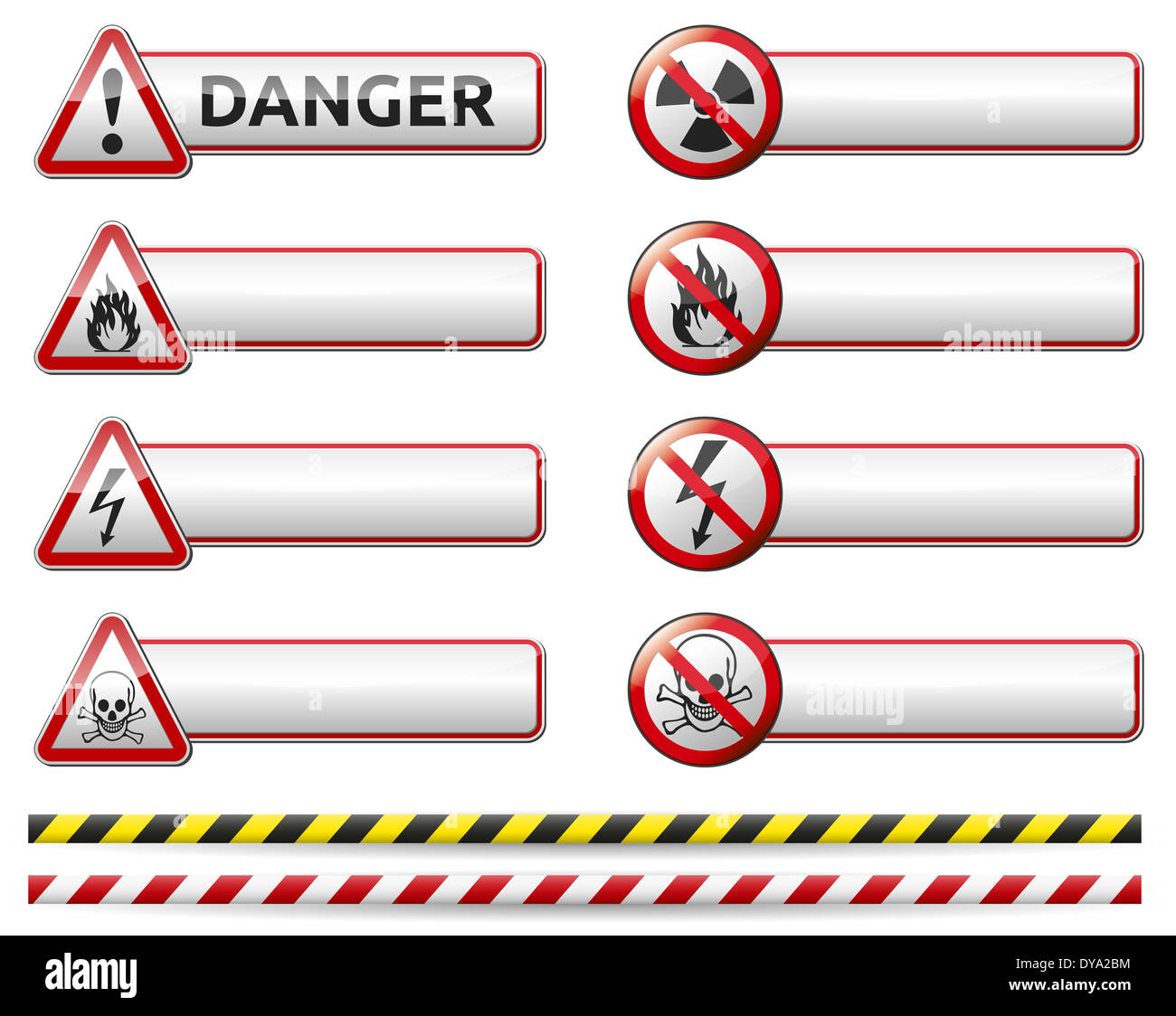 Isolated Danger sign banner collection with reflection and shadow on ...