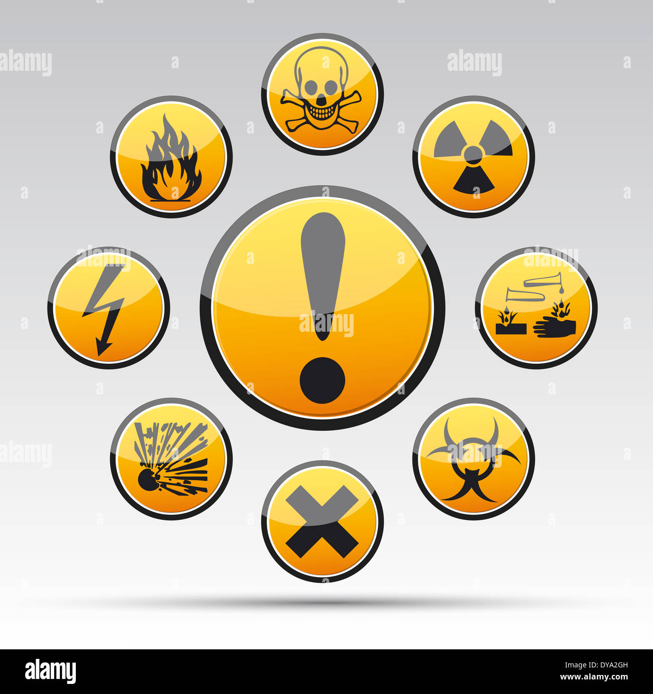 Isolated Circle Danger sign collection with black border, reflection ...