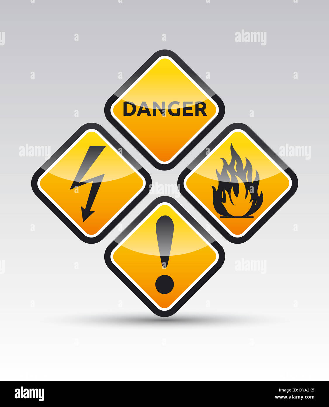 Isolated orange Danger sign collection with black border, reflection ...