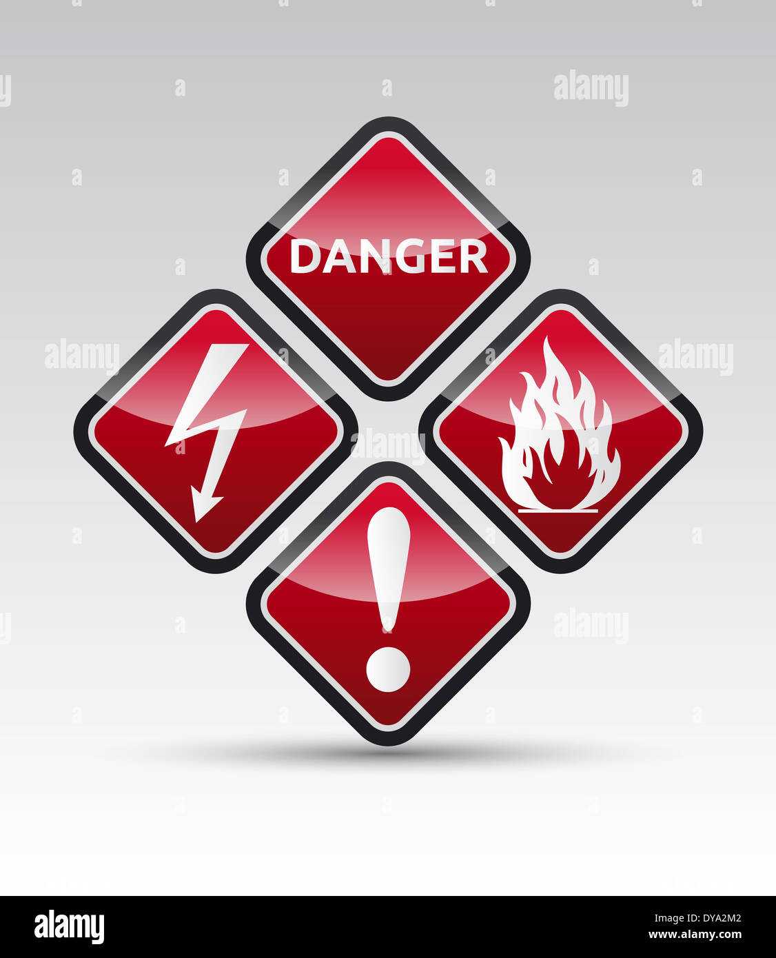 Isolated red Danger sign collection with black border, reflection and ...