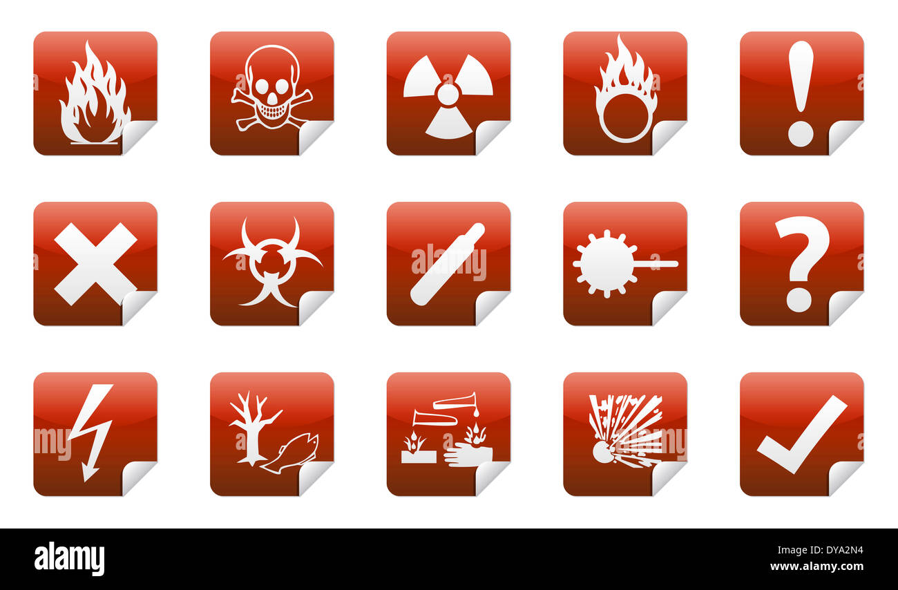 Isolated Danger icon sign collection (set) with shadow on background ...
