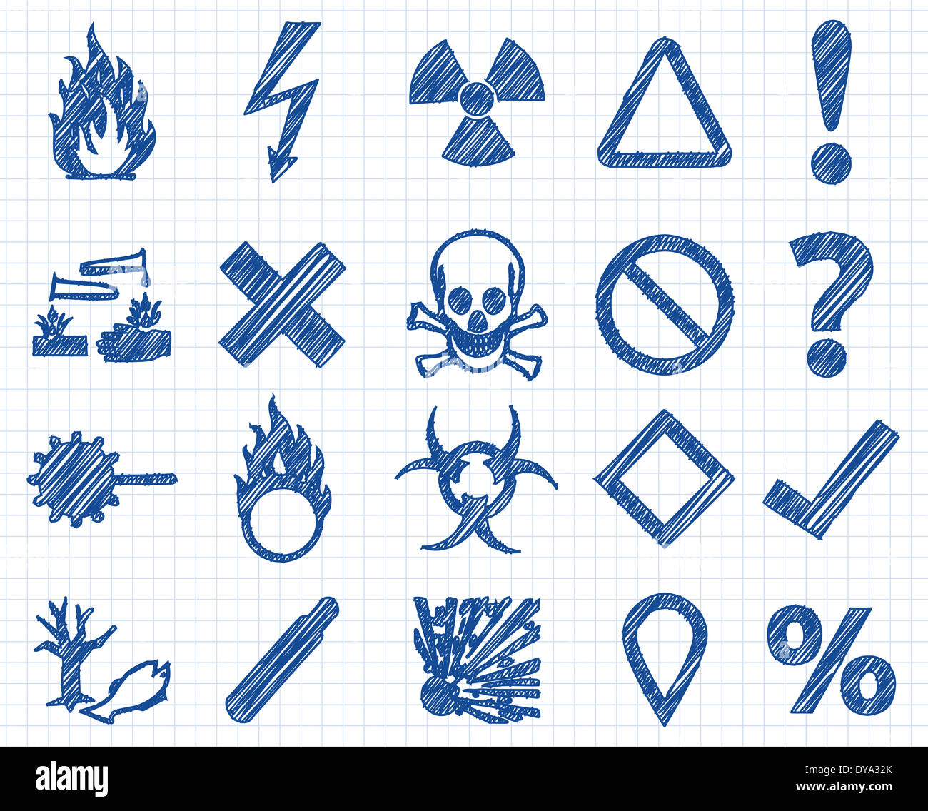 Danger, warning sign Doodle illustration collection on excersize book ...