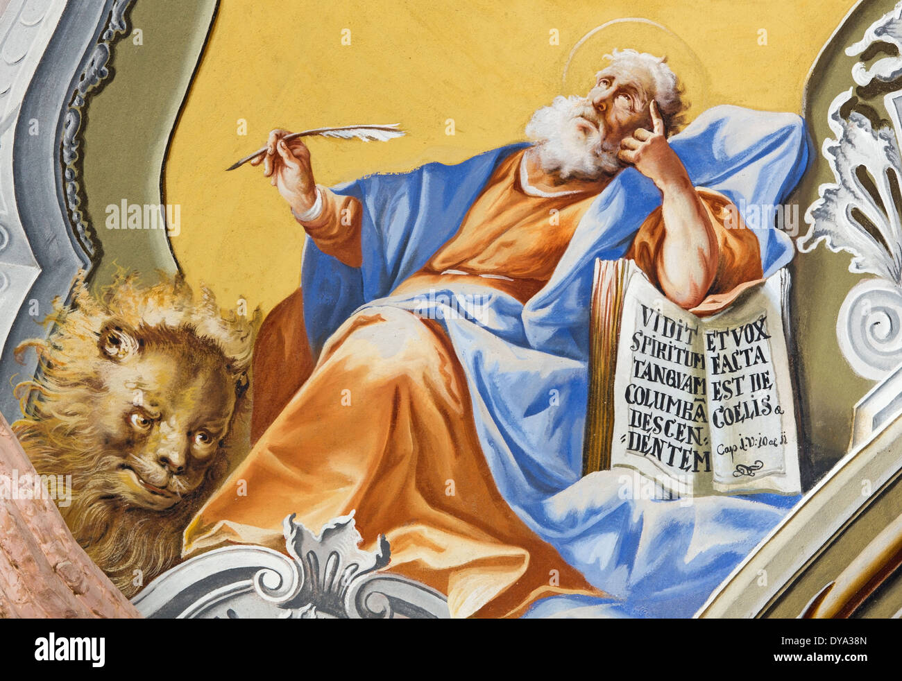 Saint Mark the Evangelist fresco from ceiling of chapel in Saint Anton ...