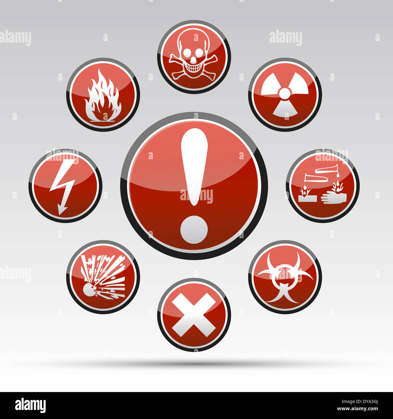 Isolated Circle Danger sign collection with black border, reflection ...