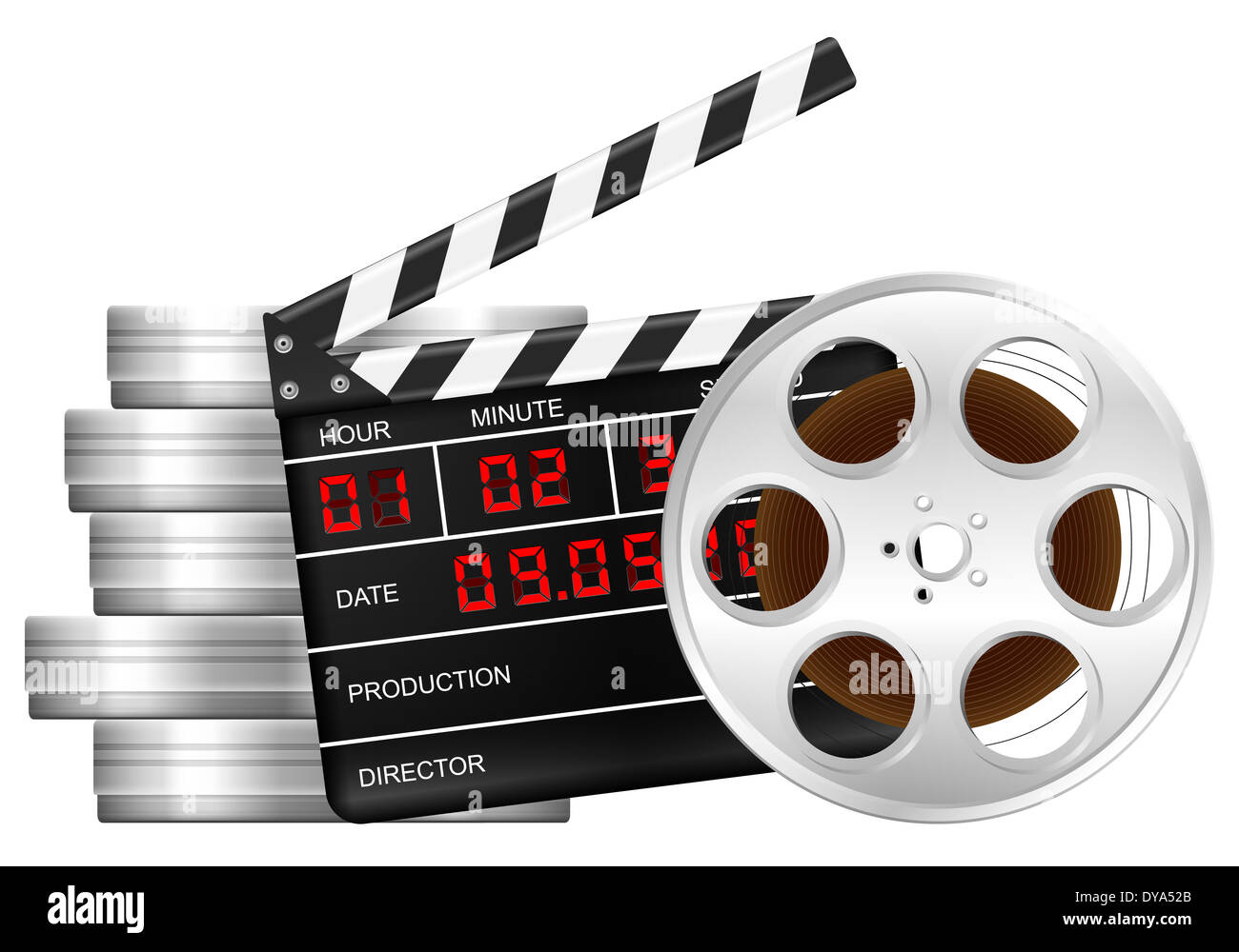 Film reel, boxes and clapper board on white background Stock Photo - Alamy