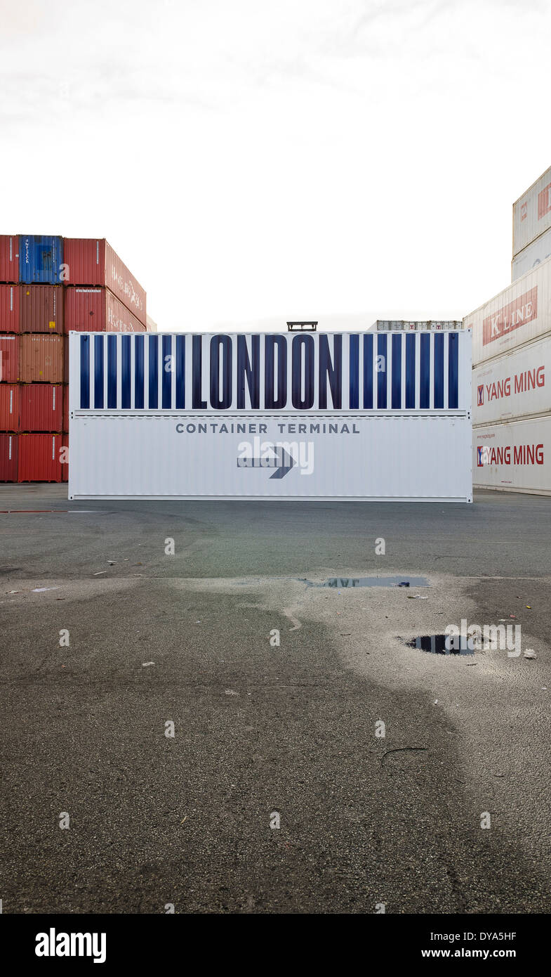 Two white containers printed with the words 'London Container Terminal ...