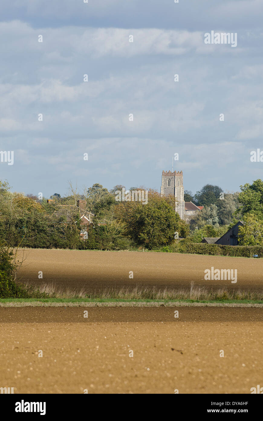 Rolling fields in the country side with village church hi-res stock ...