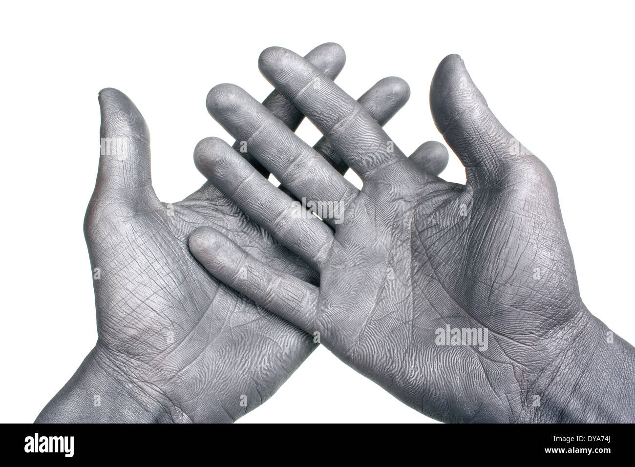 Two human hands painted silver on a white background Stock Photo - Alamy