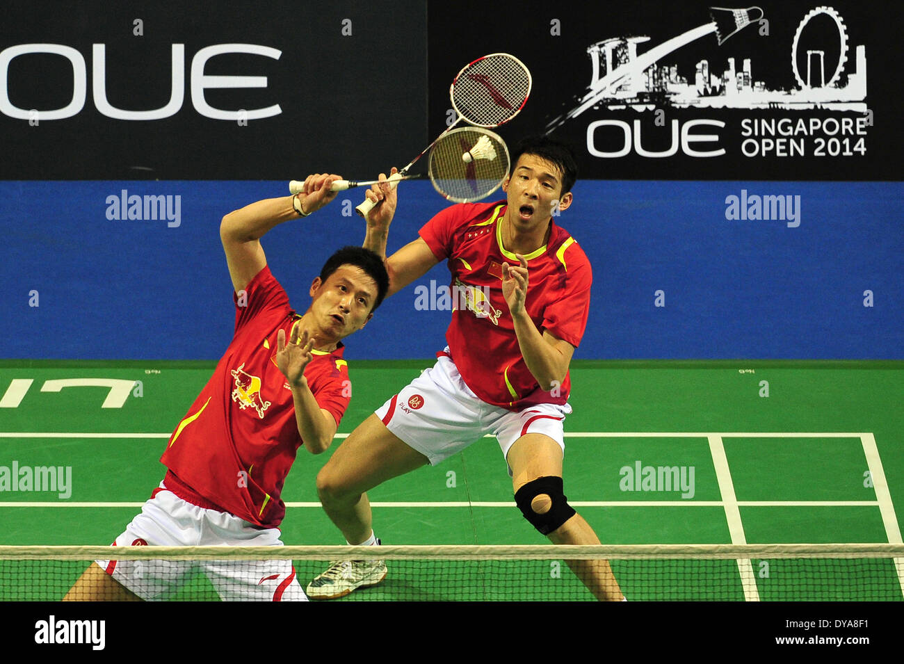 Singapore. 11th Apr, 2014. Cai Yun (L) and Lu Kai of China compete ...