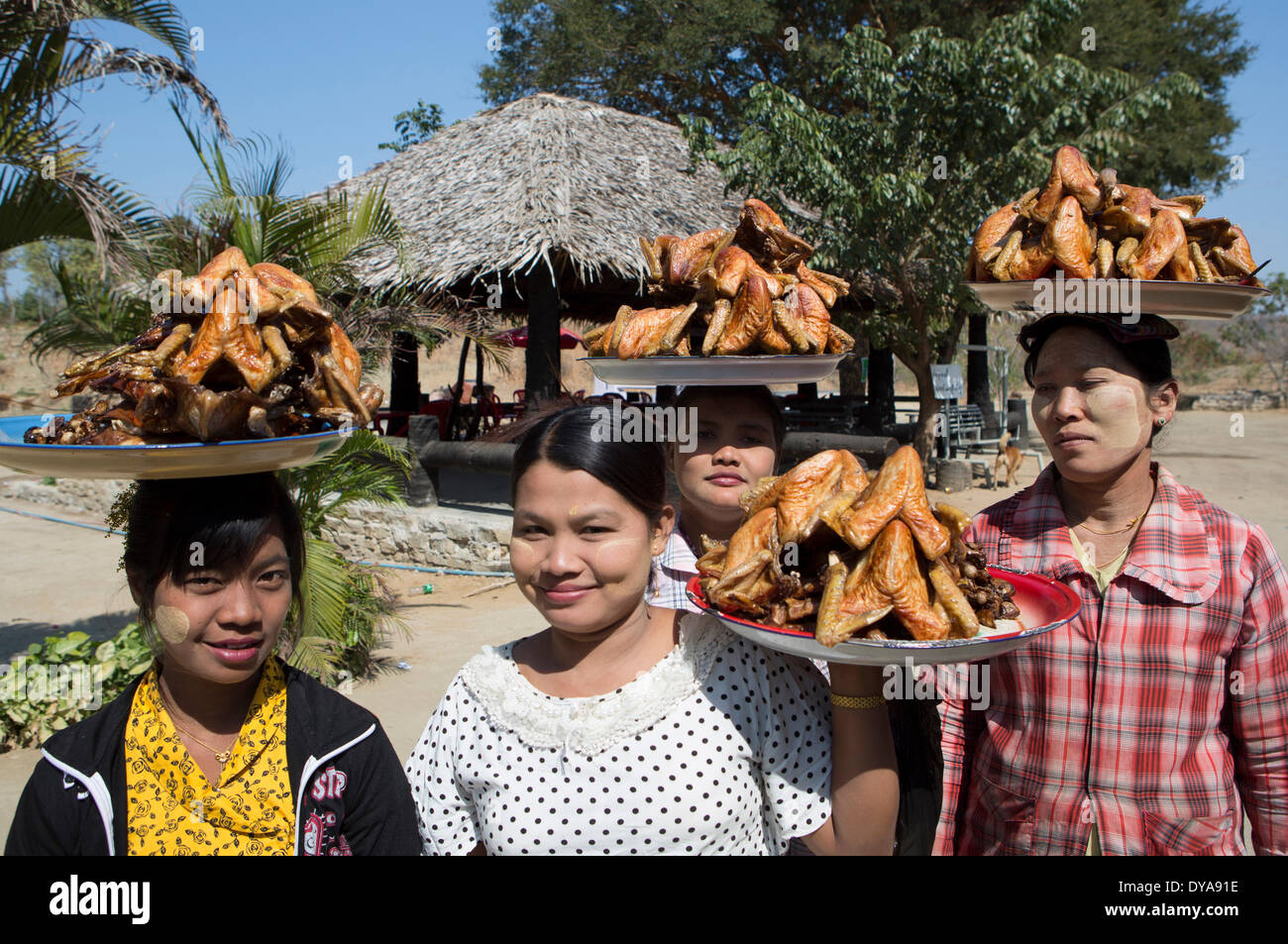 Mandalay, Myanmar, Burma, Asia, chicken, women, carrying, head, local ...
