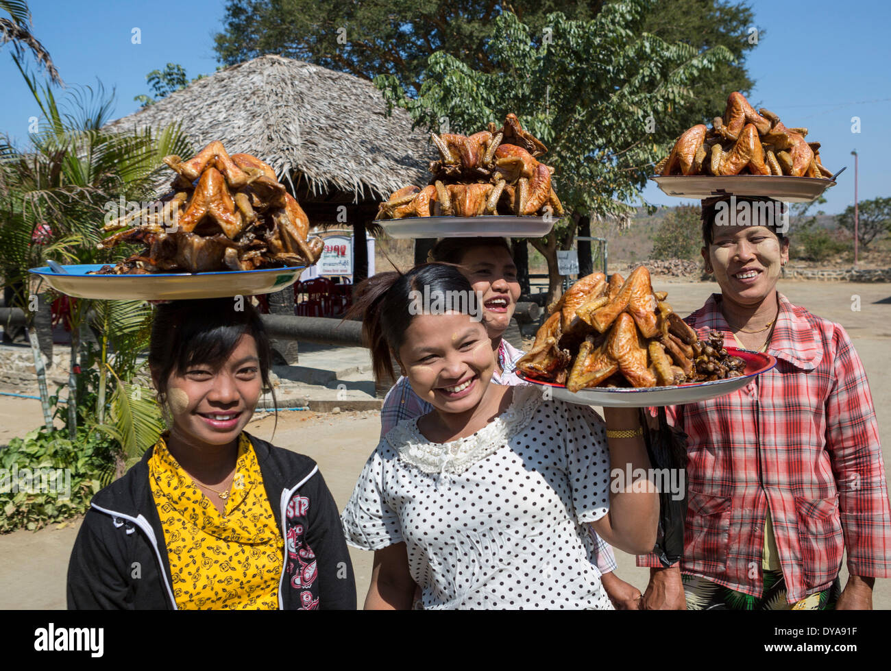 Mandalay, Myanmar, Burma, Asia, chicken, women, carrying, head, local ...