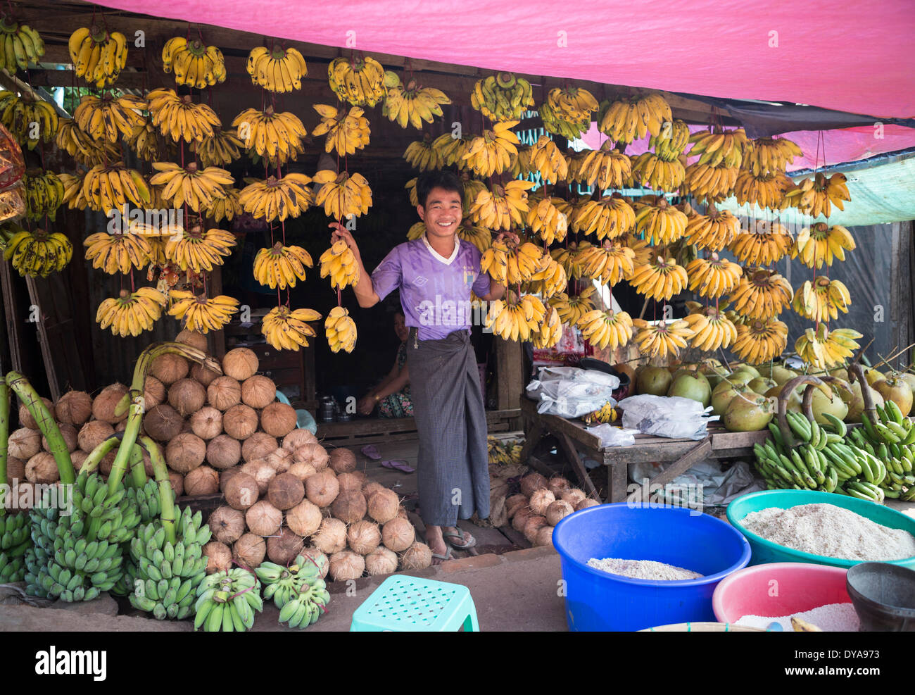 Myanmar Burma Asia Yangon Rangoon bananas boy coconut colourful fruits ...