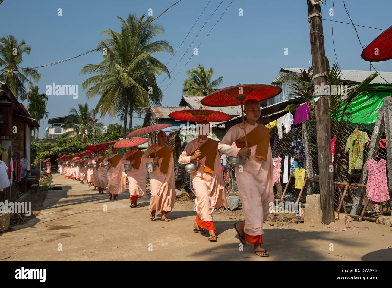 Kyauktan Myanmar Burma Asia Parade Yangon Rangoon aligned colourful ...