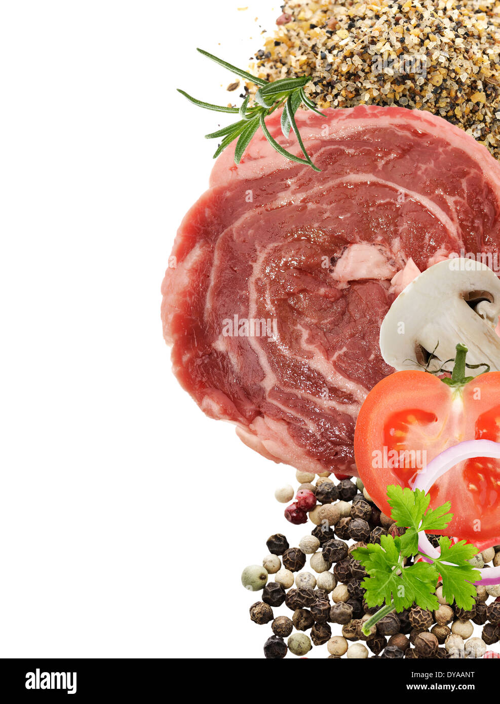 Red Raw Meat Steak With Spices And Vegetables Isolated On White ...