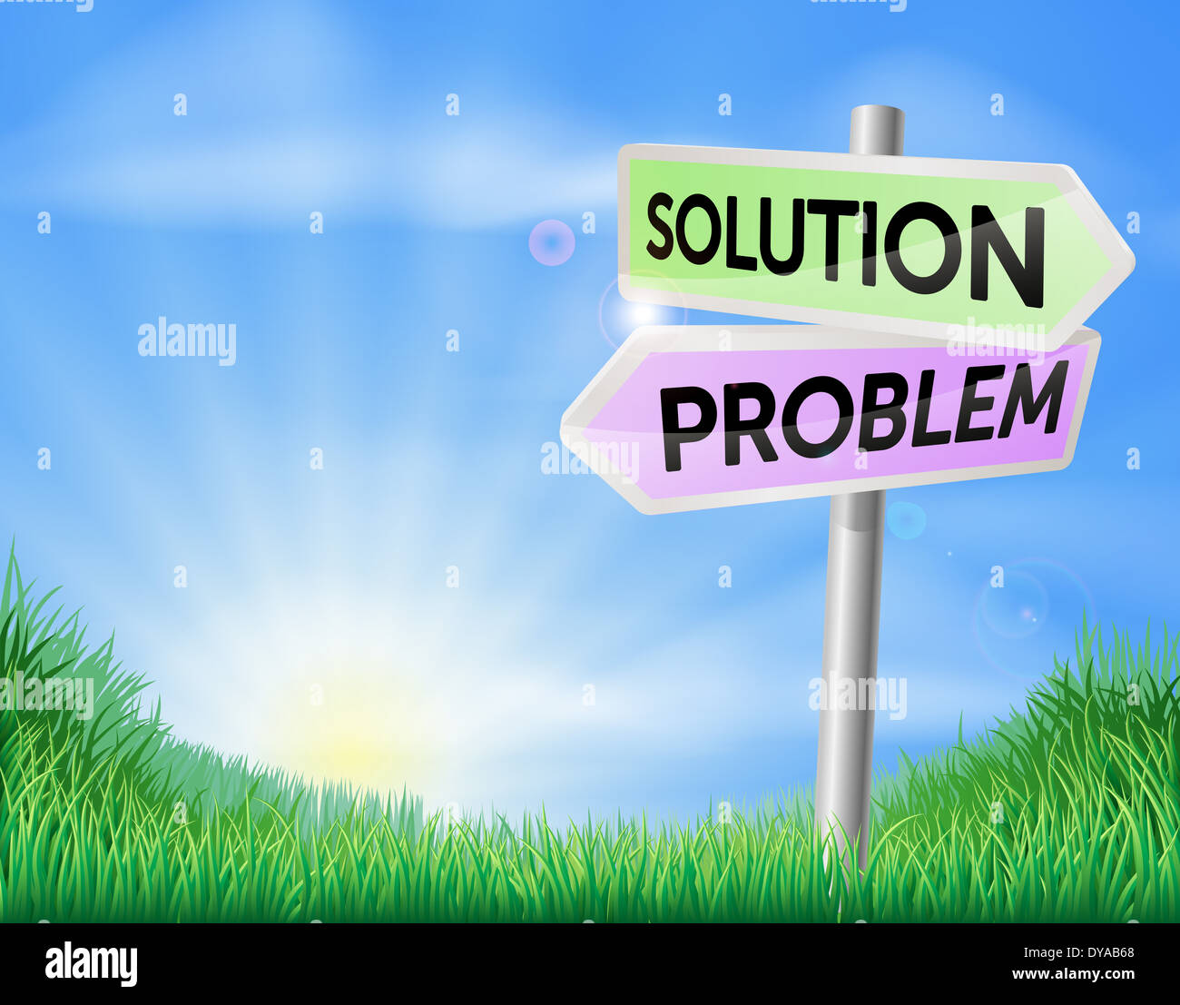 Problem and solution sign in a sunny green field of lush grass Stock ...