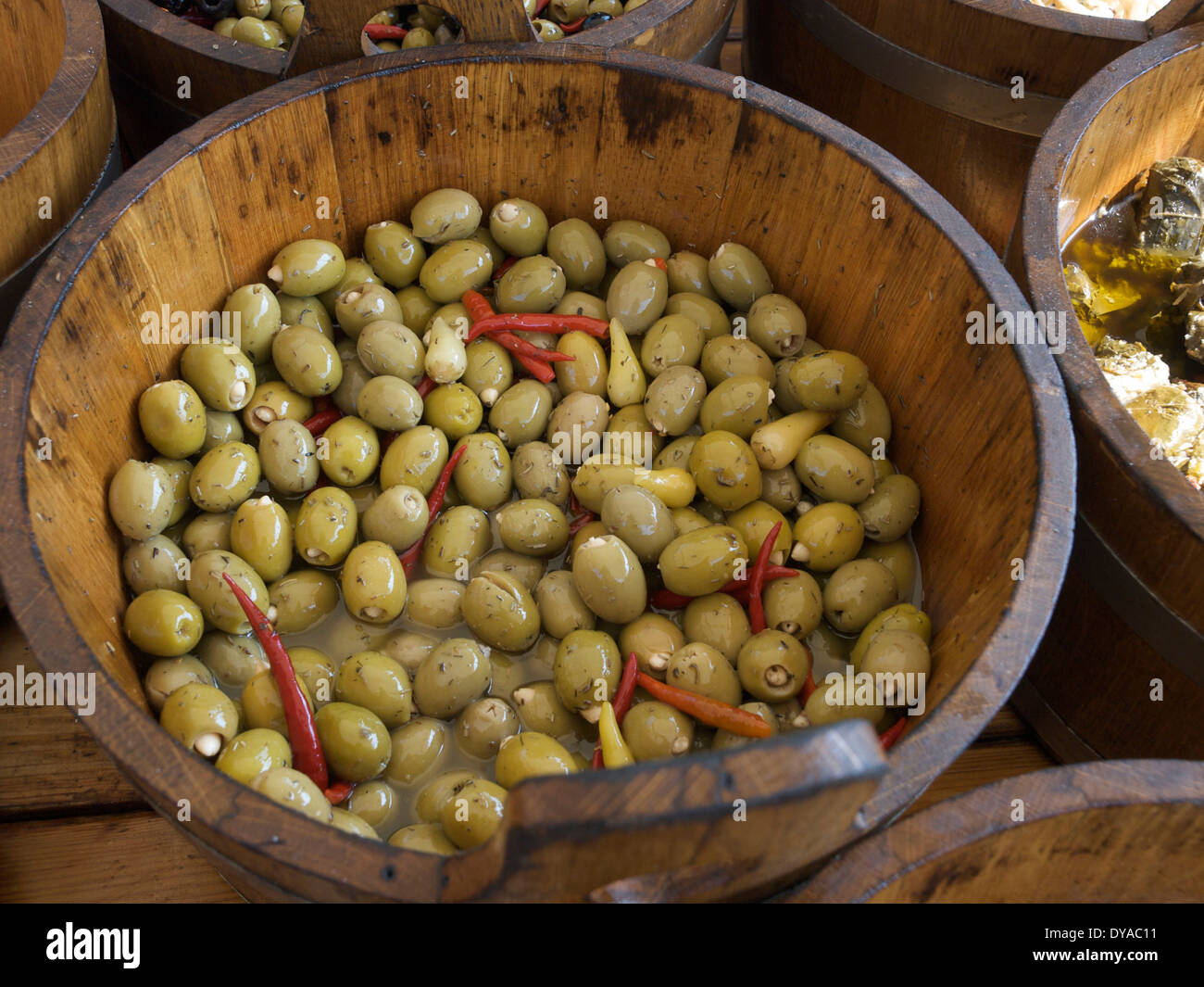 Wooden barrels, market, olives, food, olive oil, Food Stock Photo - Alamy