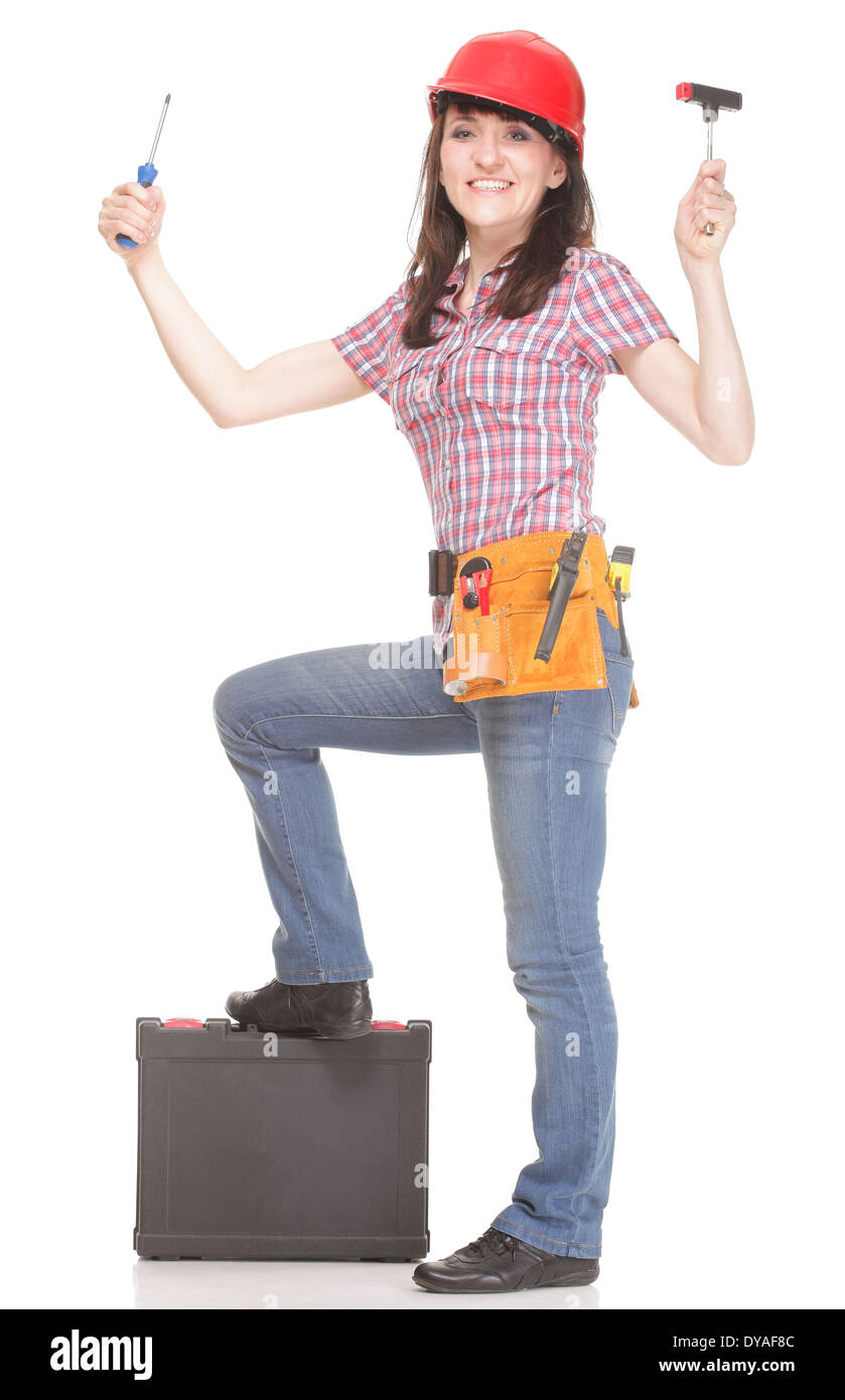 Builder woman with tools isolated on white background Stock Photo - Alamy
