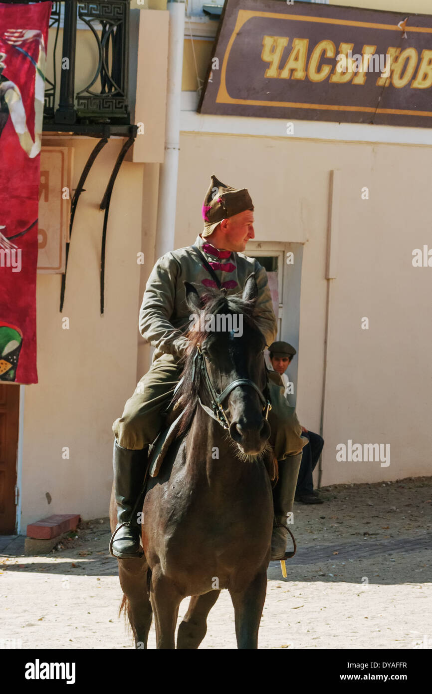 Festive parade on the city street. Red Army soldier on a horse Stock ...