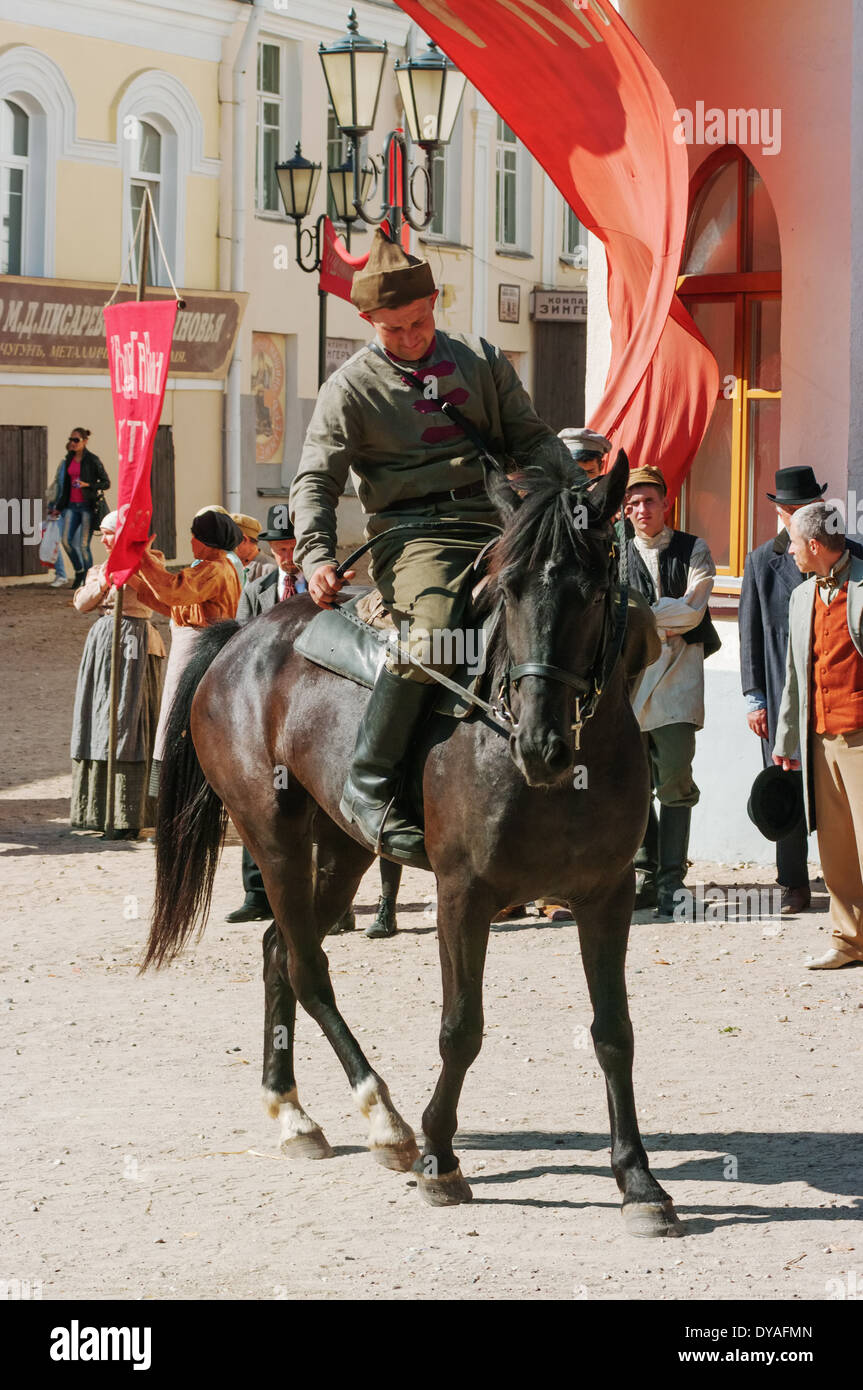 Festive parade on the city street. Red Army soldier on a horse Stock ...