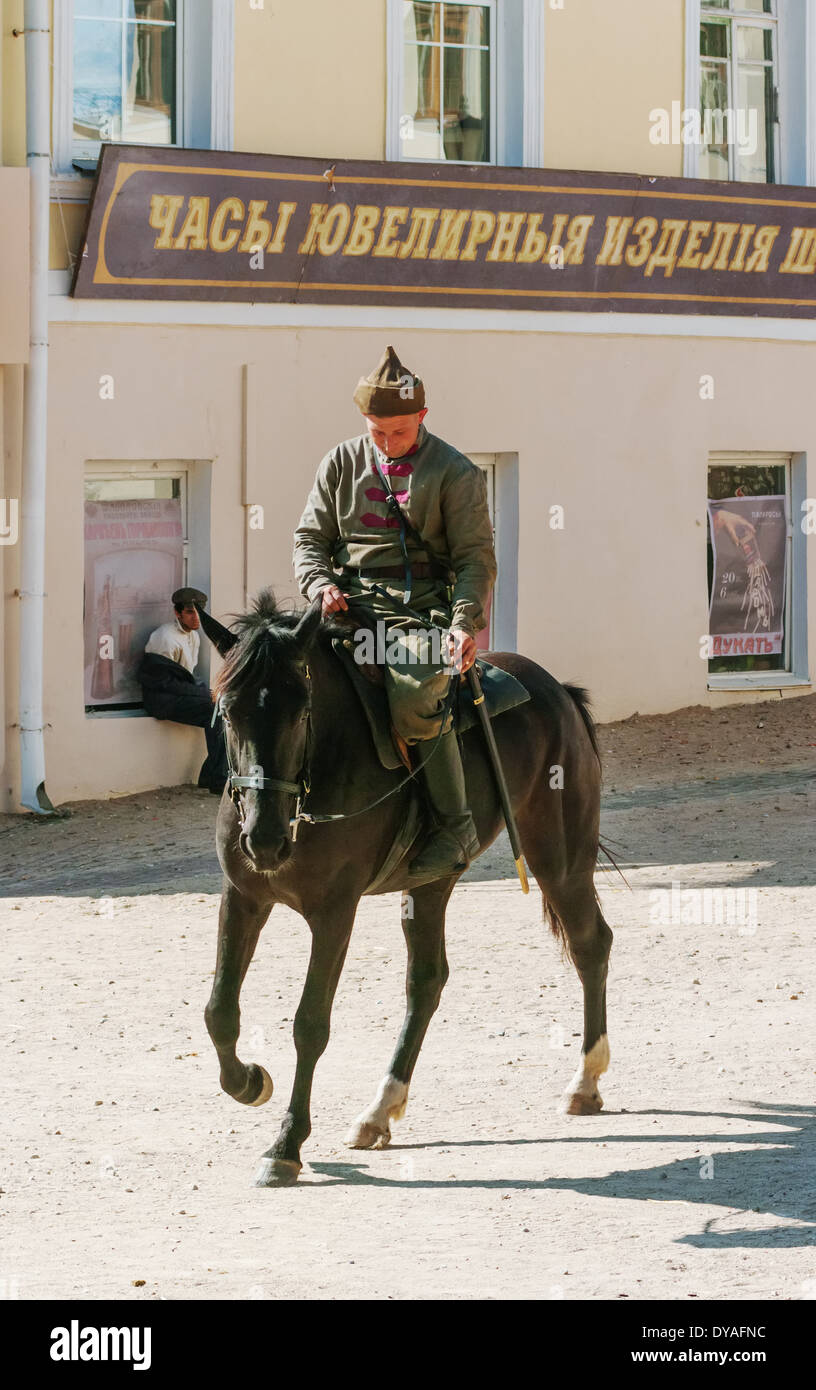 Festive parade on the city street. Red Army soldier on a horse Stock ...