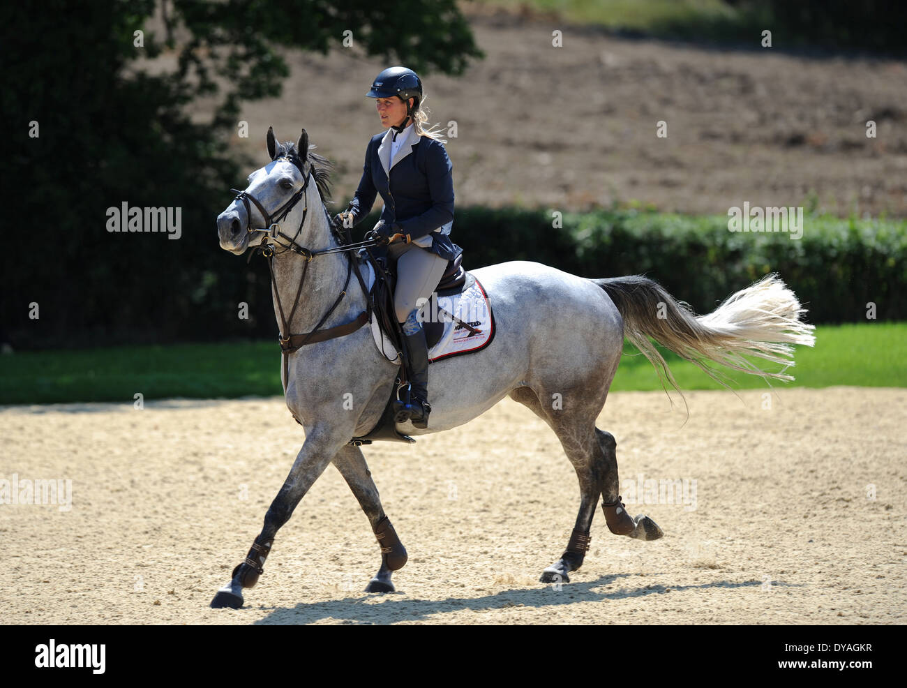 A Rider approaches a fence on her horse during a show jumping ...