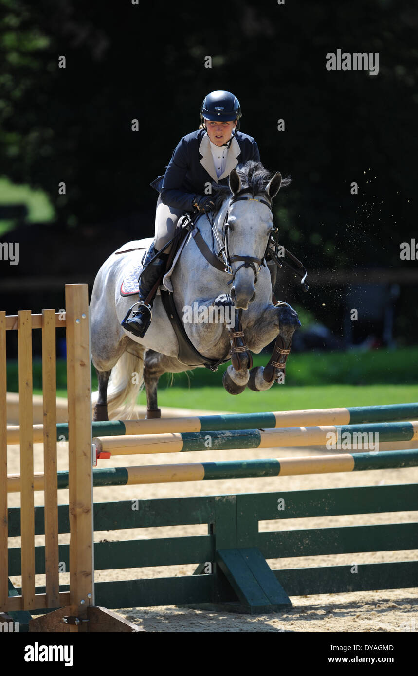 A Rider competes on her horse during a show jumping competition Stock ...