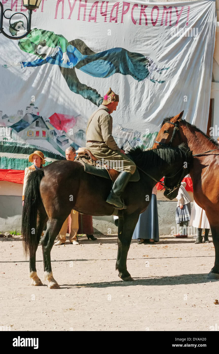 Festive parade on the city street. Red Army soldier on a horse Stock ...