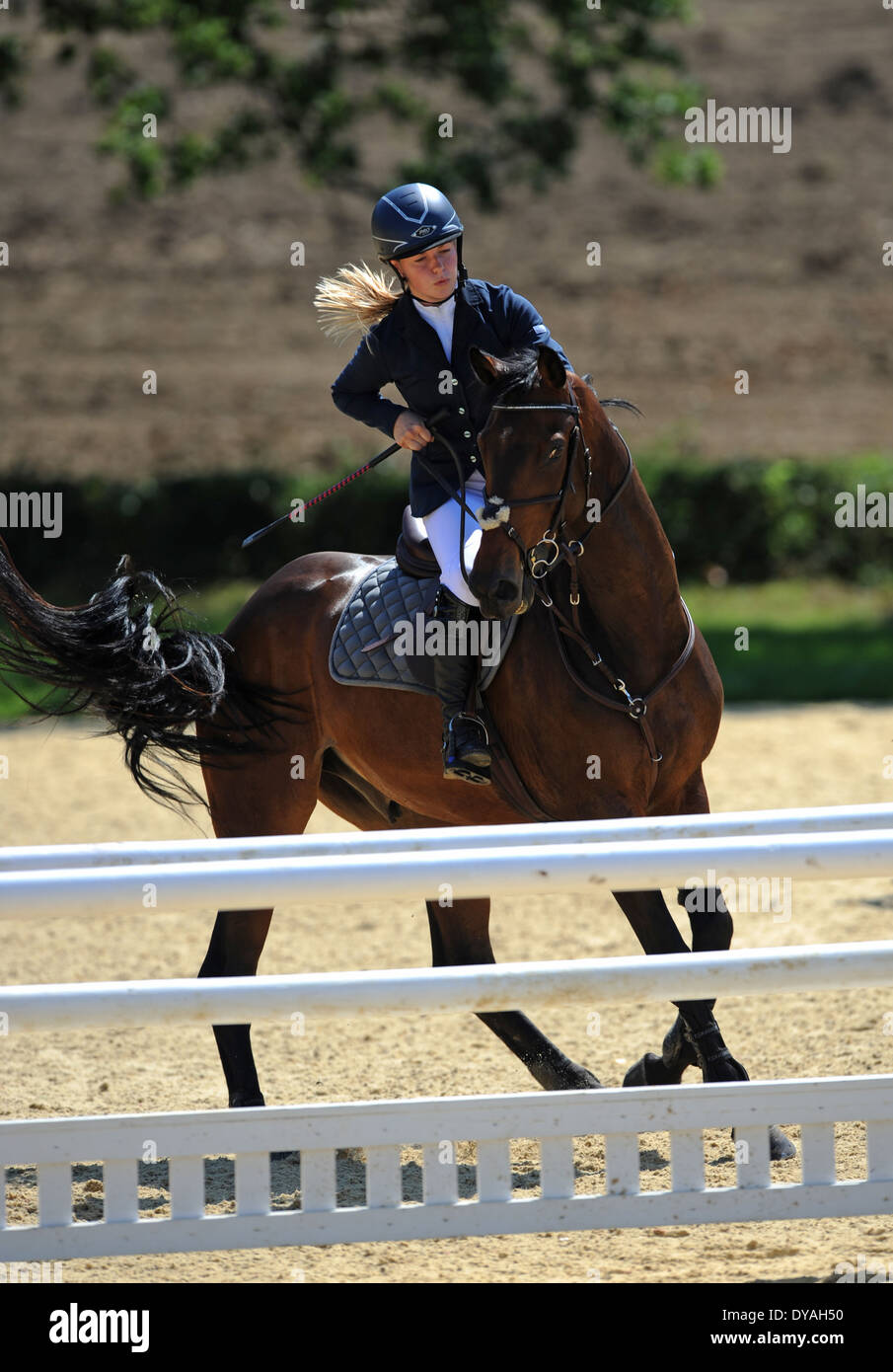 A Woman attempts to control her horse as it refuses to jump a fence ...