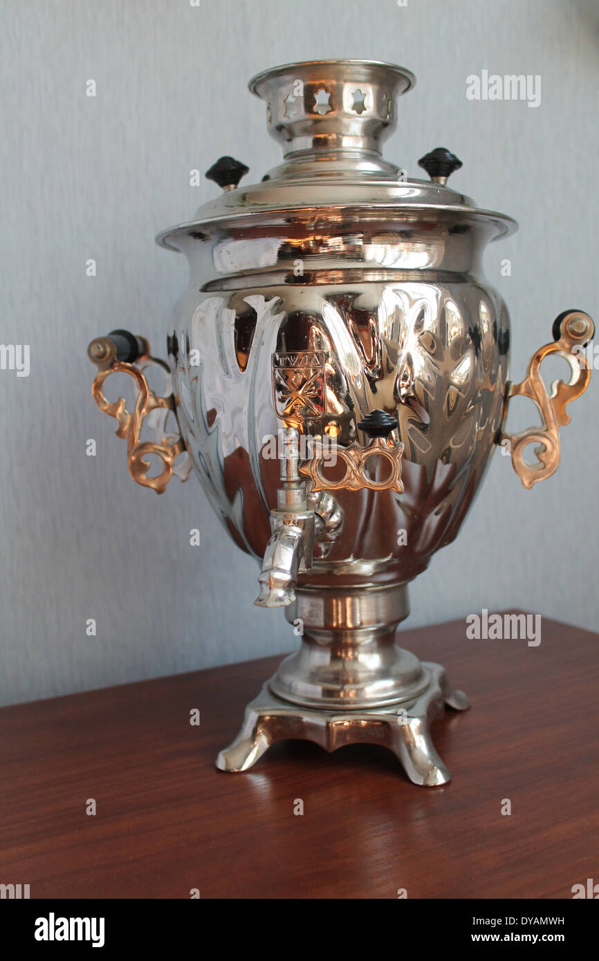 beautiful shine samovar in Russian tradition for tea Stock Photo - Alamy