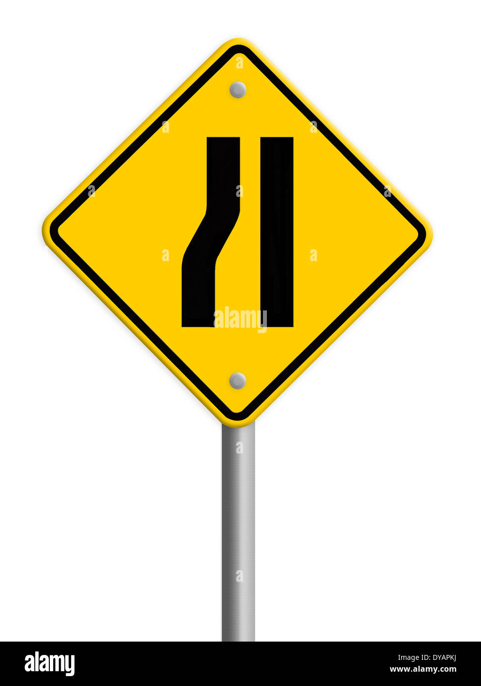 Road narrows merge right sign isolated on a white background, part of a ...