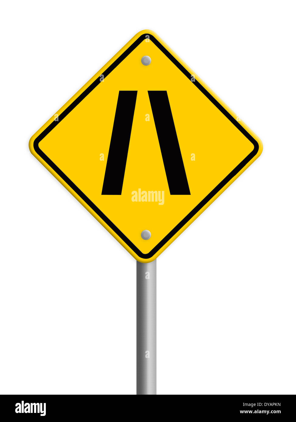Road narrows traffic sign on white background with clipping path. part ...