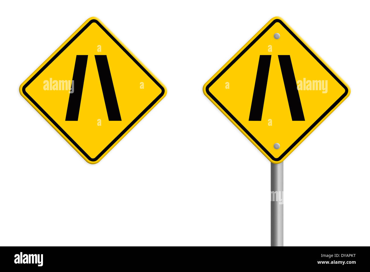 Road narrows traffic sign on white background with clipping path. part ...