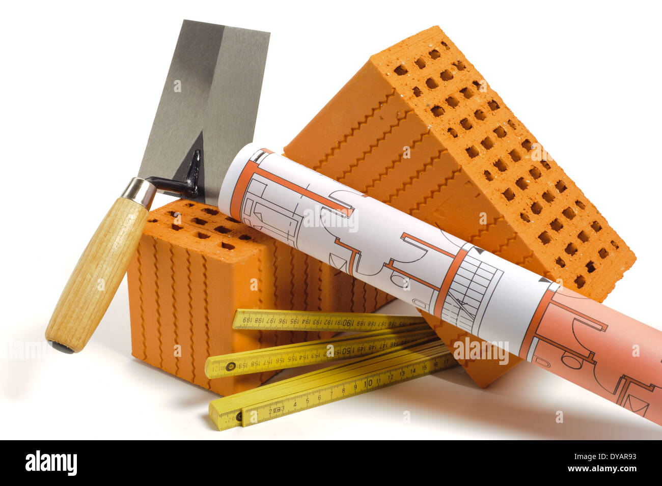 brick stones and tools for house construction Stock Photo - Alamy
