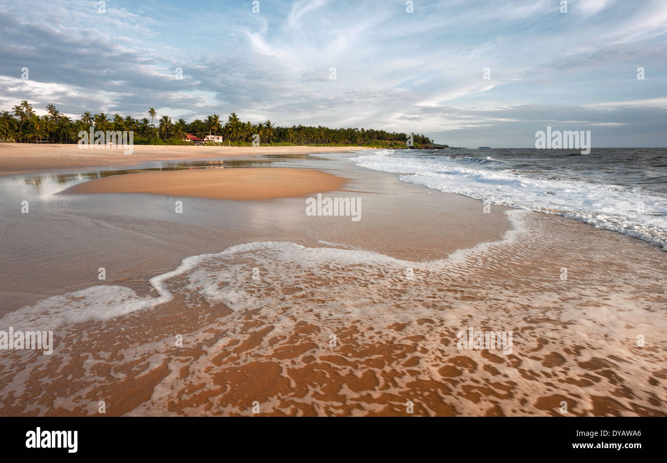 Sunset on the beach at Thottada village lined with coconut palms at low ...