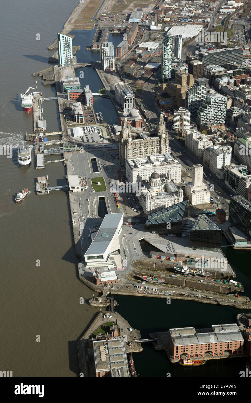 aerial view of Liverpool city centre and dockside area including The ...