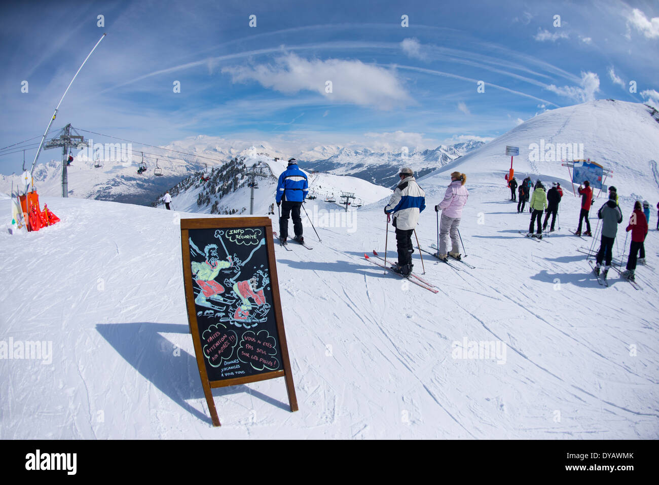 Safety sign on mountain-top ski piste above La Plagne in the French ...