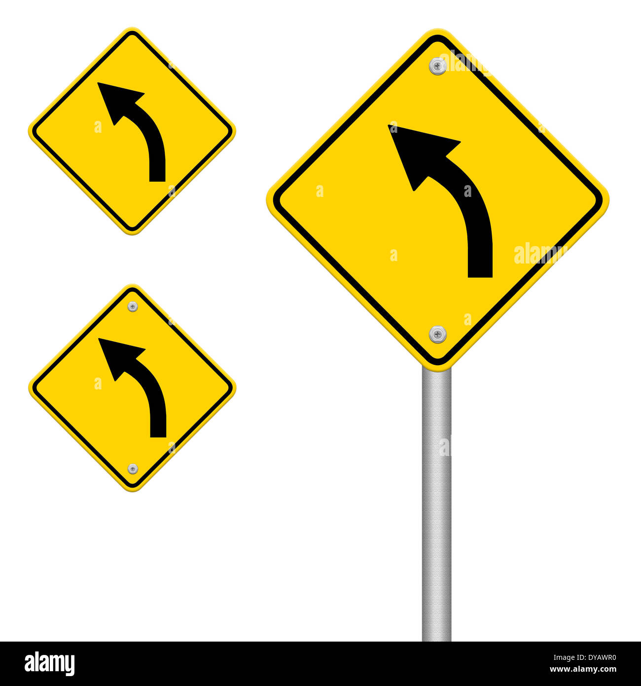 Road sign warning of dangerous left curve isolated on white background ...