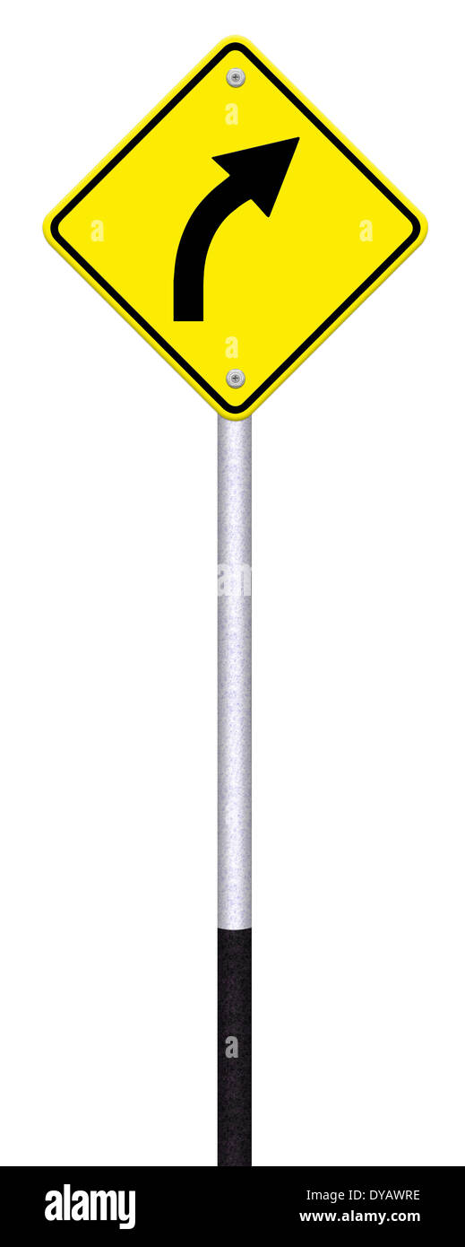 Road sign warning of dangerous right curve isolated on white background ...