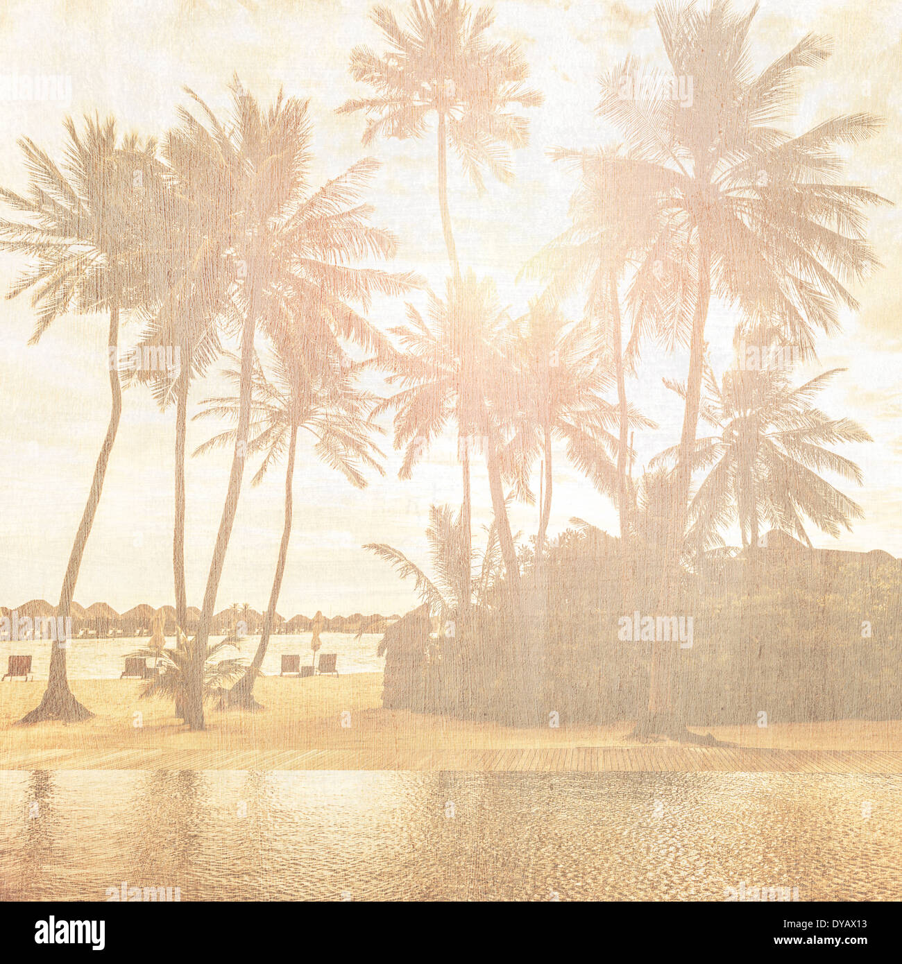 Grunge style photo of beautiful tropical beach, palm trees in bright ...