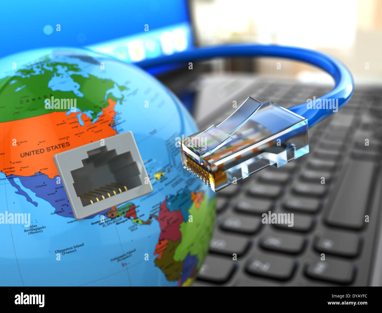 Internet concept. Laptop, earth and ethernet cable. 3d Stock Photo - Alamy