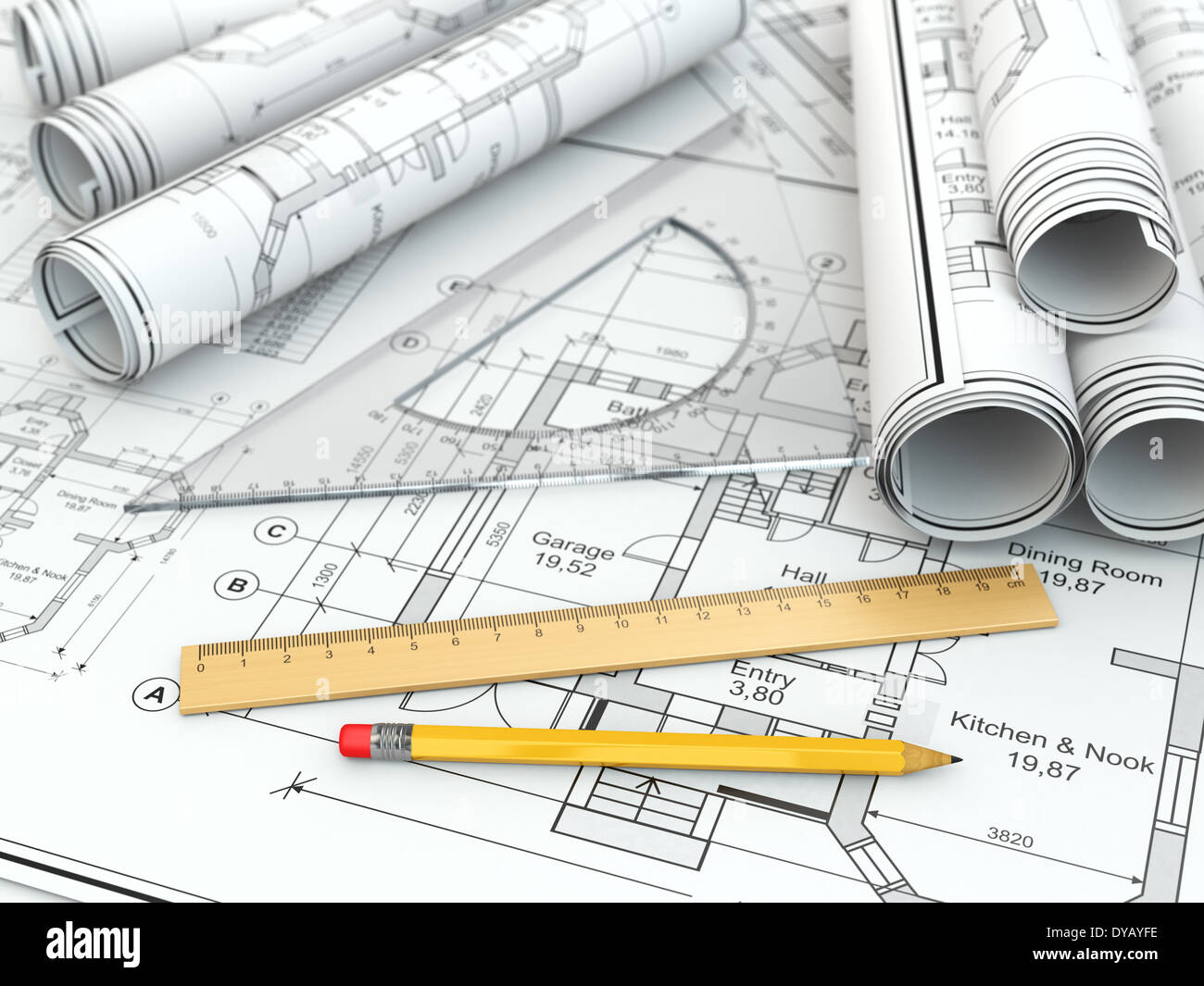Concept of drawing. Blueprints and drafting tools. 3d Stock Photo - Alamy
