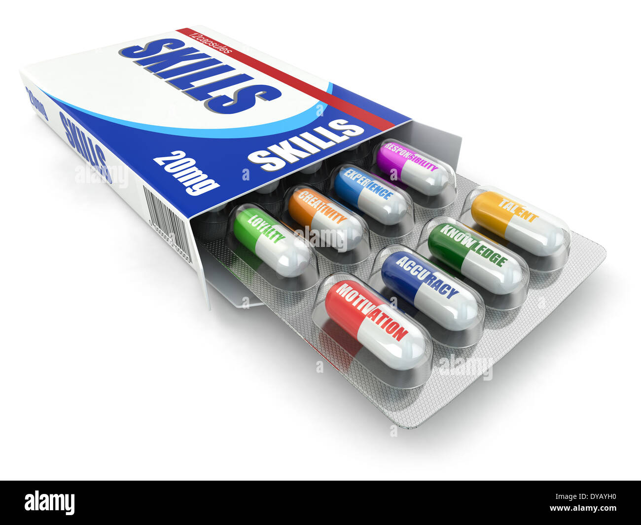 Skills for success. Box of pills with a list of positive qualities for ...