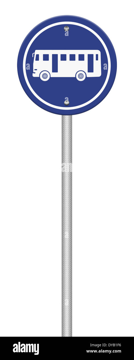 Bus Stop Sign on post pole, traffic road roadsign, blue isolated ...