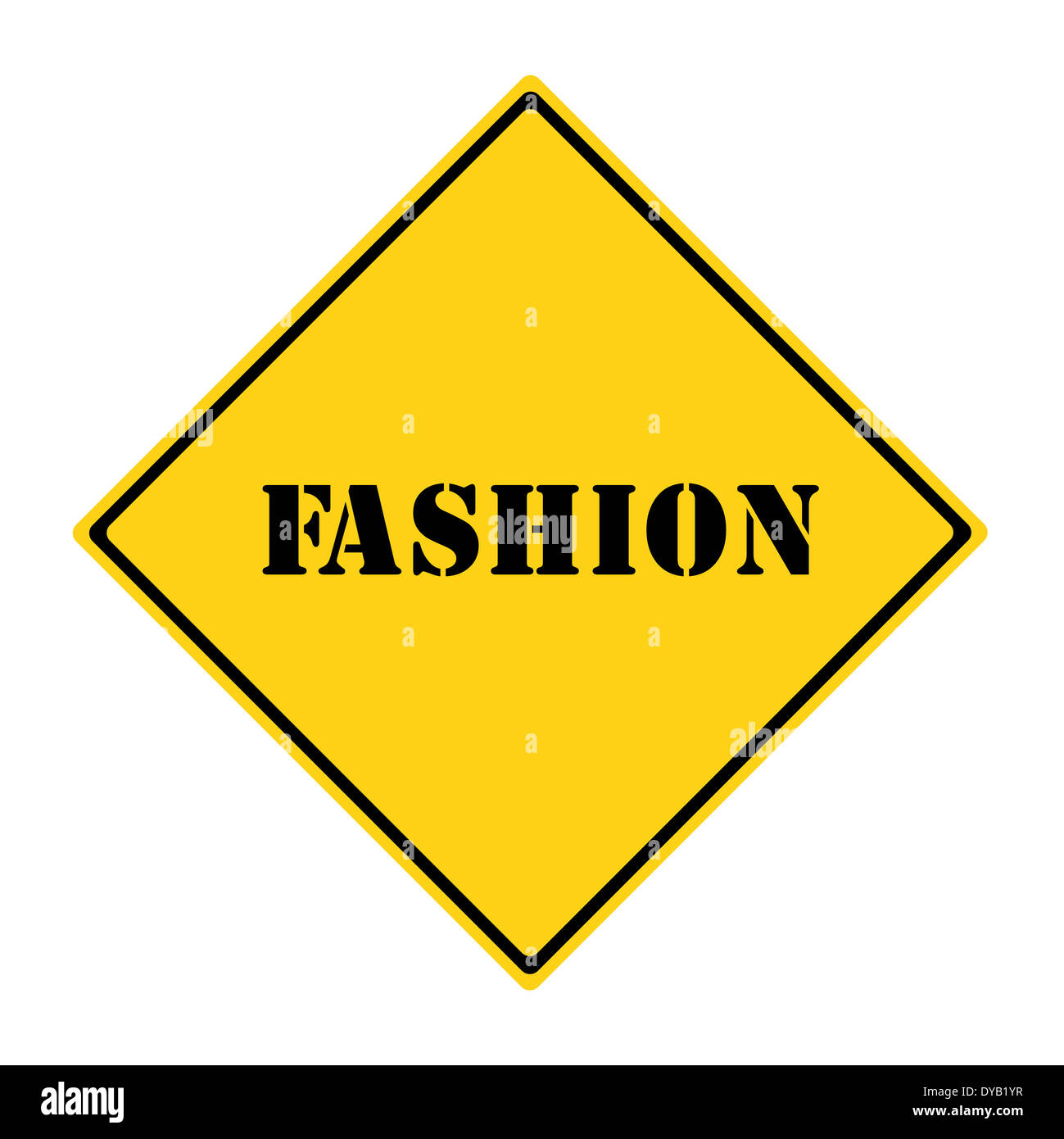 A yellow and black diamond shaped road sign with the word FASHION ...