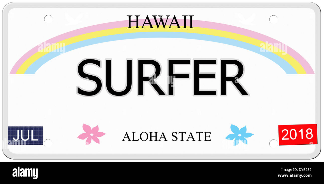 Surfer written on an imitation Hawaii License Plate with the Aloha ...