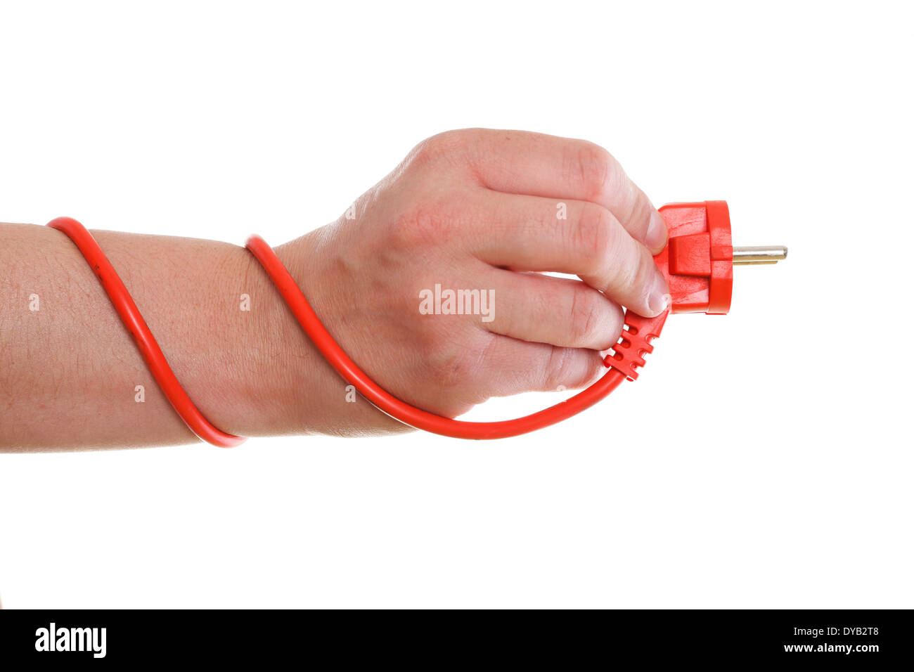 Power cable with hand on white background Stock Photo - Alamy